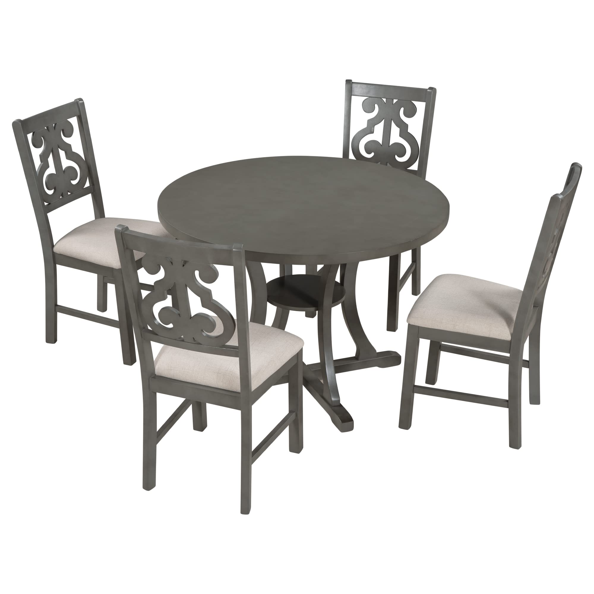 Bellemave 5 Piece Round Dining Table Set for 4 Round Dining Room Table Set with Storage Shelf Retro Round Table with 4 Chairs for Dining Room Dinette Breakfast Nook, Gray