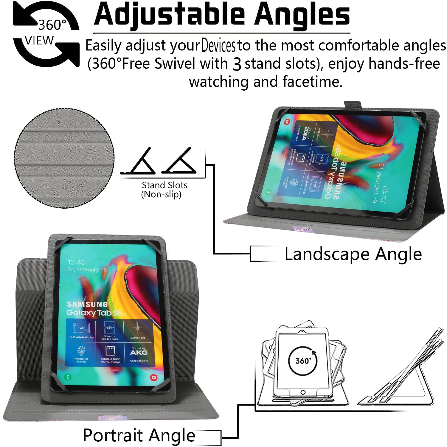 Pudazvi Universal 9.5"-10.5" Inch Tablet Case,360 Degree Rotatable Kickstand Multiple Viewing Stand Case Cover for 9.6" 10" 10.1" 10.5" and All 9.5-10.5 Inch Touchscreen Tablet,Marble Purple