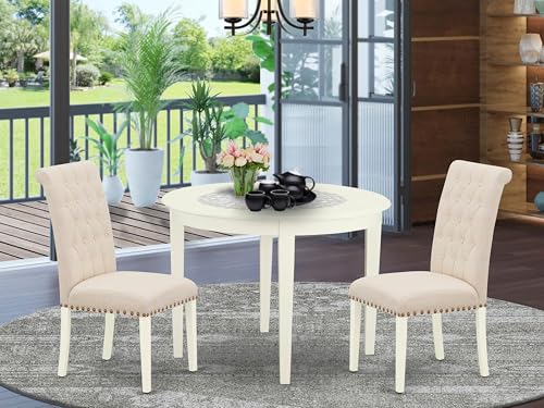 East West Furniture BOBR3-WHI-02 3 Piece Modern Dining Table Set Contains a Round Kitchen Table and 2 Light Beige Linen Fabric Parson Dining Room Chairs, 42x42 Inch, Linen White