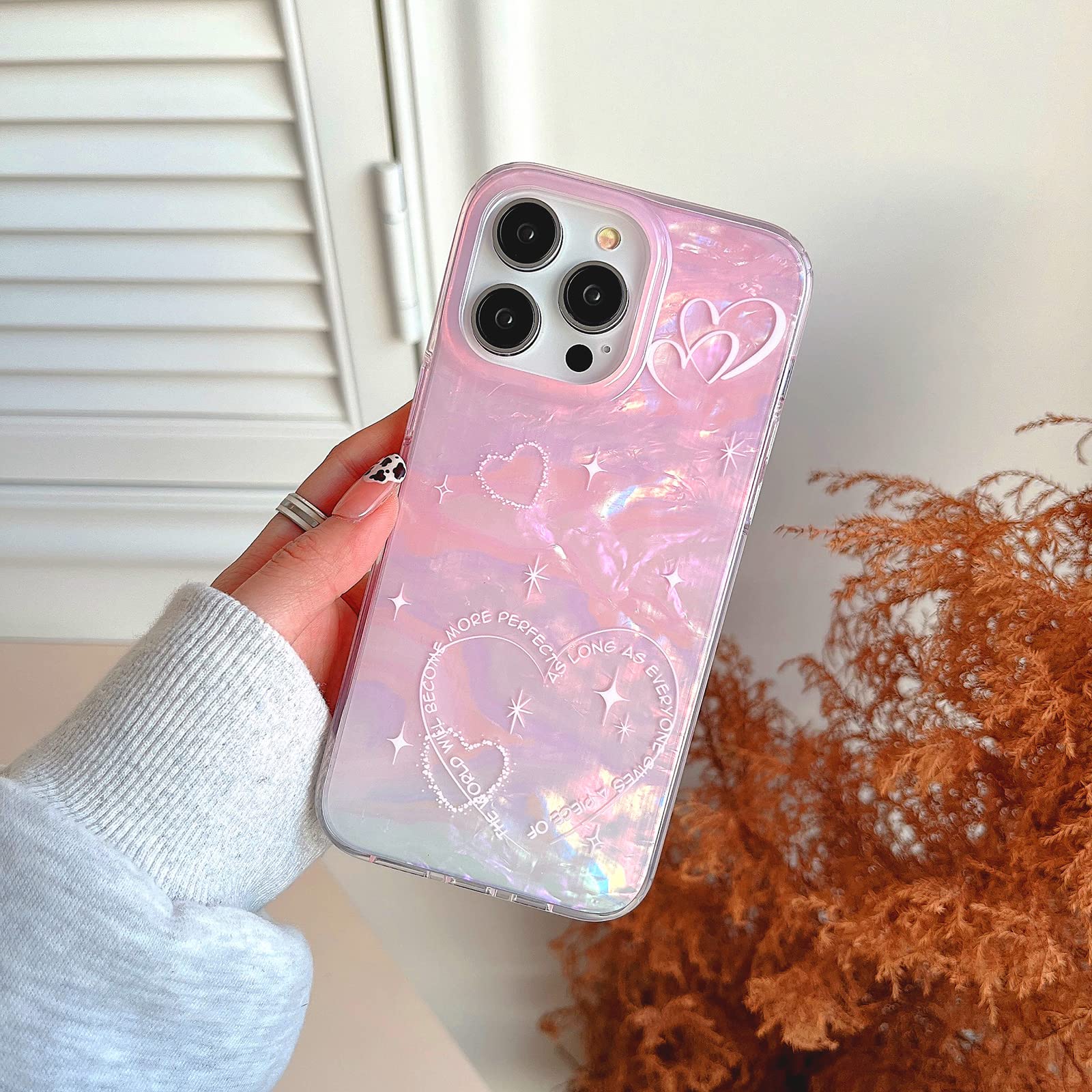 YeLoveHaw Designed for iPhone 14 Pro Case for Women Girls, Glitter Pink Purple Colorful Pearly-Lustre Shell, Cute Heart-Shaped Pattern, Slim Hard Protective Cover for iPhone 14Pro 6.1''(White Heart)