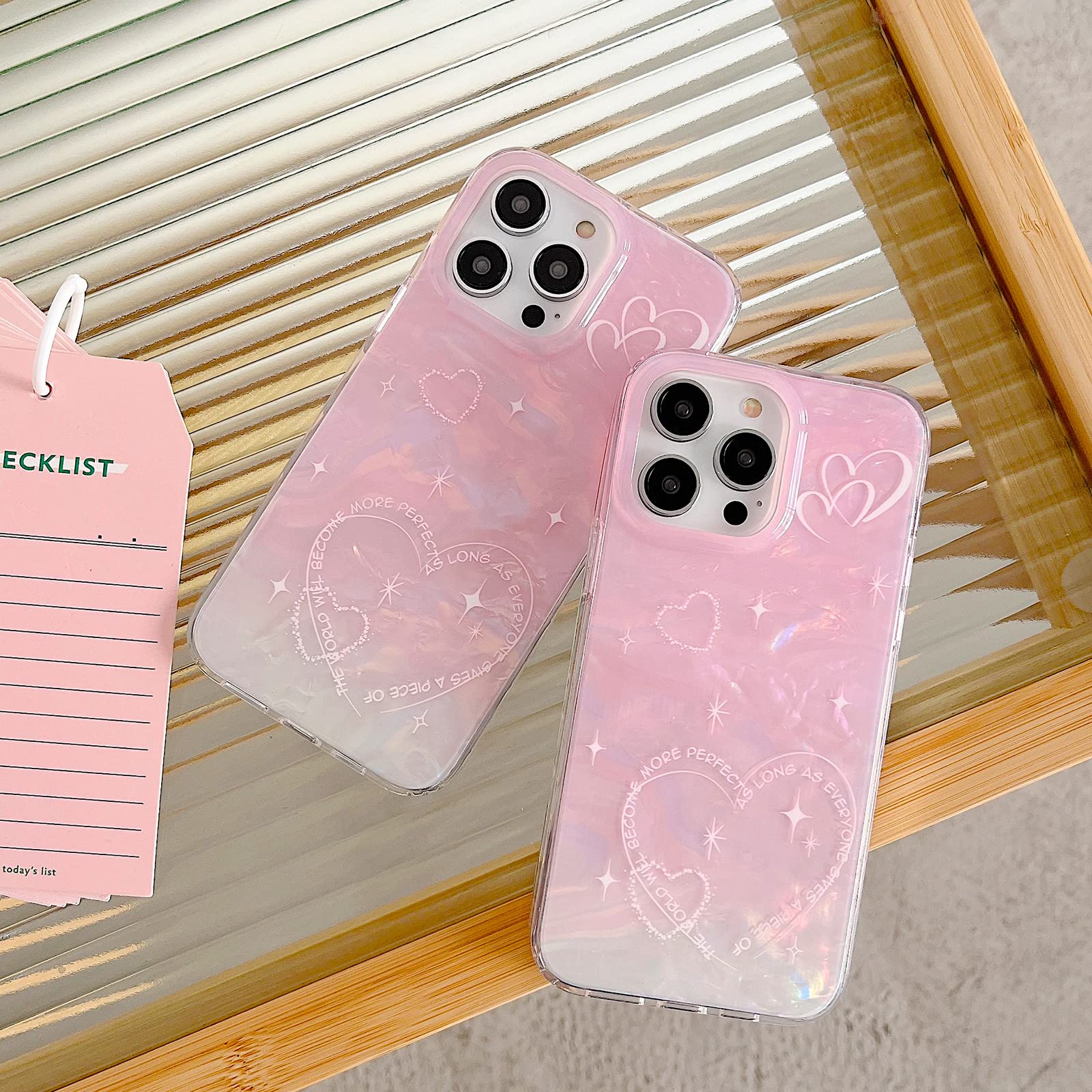 YeLoveHaw Designed for iPhone 14 Pro Case for Women Girls, Glitter Pink Purple Colorful Pearly-Lustre Shell, Cute Heart-Shaped Pattern, Slim Hard Protective Cover for iPhone 14Pro 6.1''(White Heart)