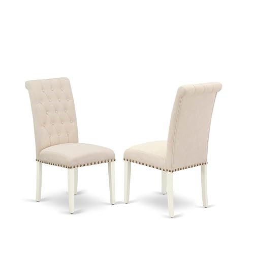East West Furniture BOBR3-WHI-02 3 Piece Modern Dining Table Set Contains a Round Kitchen Table and 2 Light Beige Linen Fabric Parson Dining Room Chairs, 42x42 Inch, Linen White