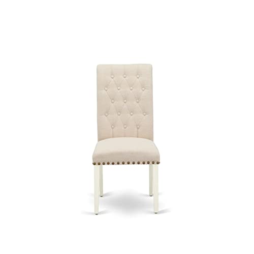 East West Furniture BOBR3-WHI-02 3 Piece Modern Dining Table Set Contains a Round Kitchen Table and 2 Light Beige Linen Fabric Parson Dining Room Chairs, 42x42 Inch, Linen White
