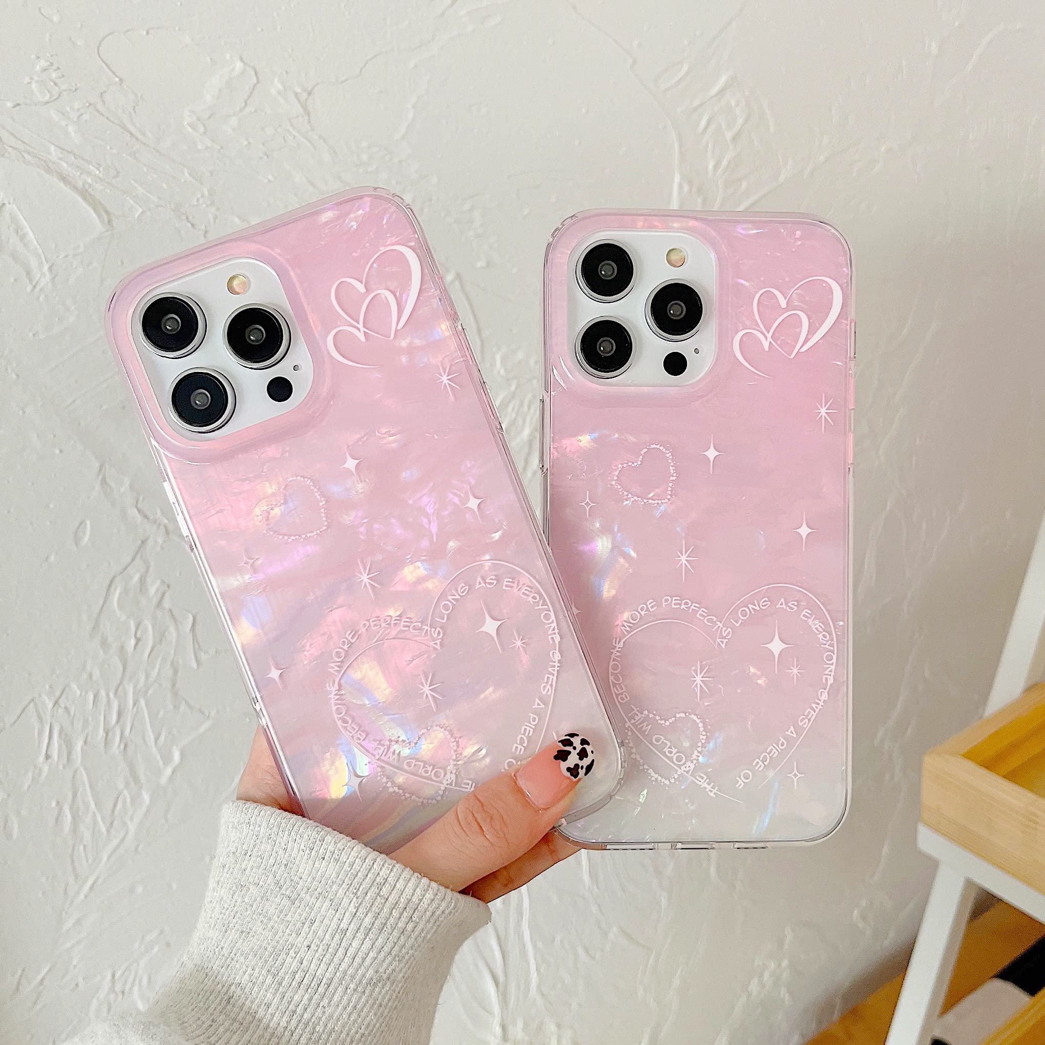 YeLoveHaw Designed for iPhone 14 Pro Case for Women Girls, Glitter Pink Purple Colorful Pearly-Lustre Shell, Cute Heart-Shaped Pattern, Slim Hard Protective Cover for iPhone 14Pro 6.1''(White Heart)