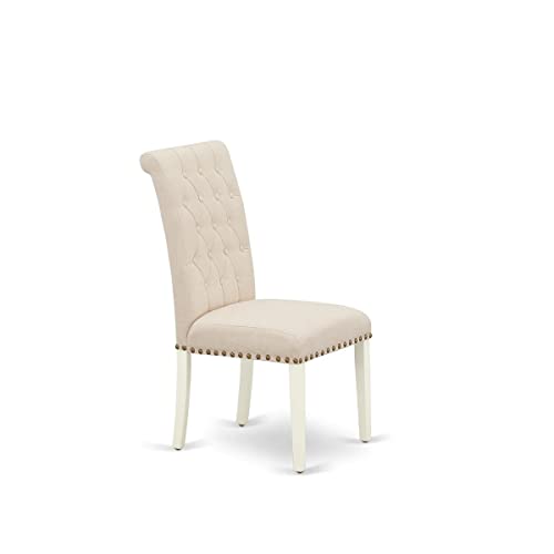 East West Furniture BOBR3-WHI-02 3 Piece Modern Dining Table Set Contains a Round Kitchen Table and 2 Light Beige Linen Fabric Parson Dining Room Chairs, 42x42 Inch, Linen White