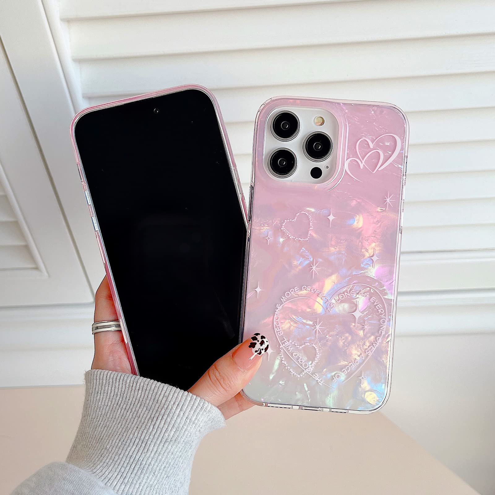 YeLoveHaw Designed for iPhone 14 Pro Case for Women Girls, Glitter Pink Purple Colorful Pearly-Lustre Shell, Cute Heart-Shaped Pattern, Slim Hard Protective Cover for iPhone 14Pro 6.1''(White Heart)