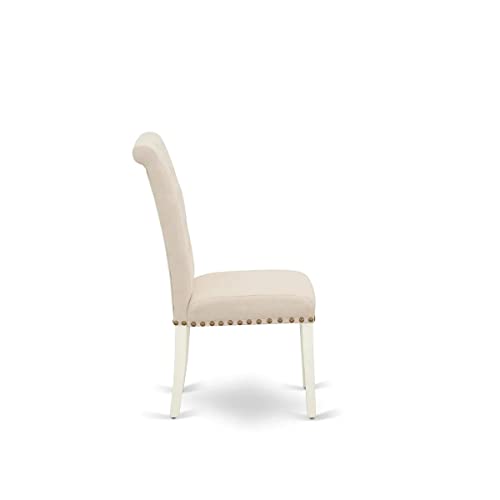 East West Furniture BOBR3-WHI-02 3 Piece Modern Dining Table Set Contains a Round Kitchen Table and 2 Light Beige Linen Fabric Parson Dining Room Chairs, 42x42 Inch, Linen White