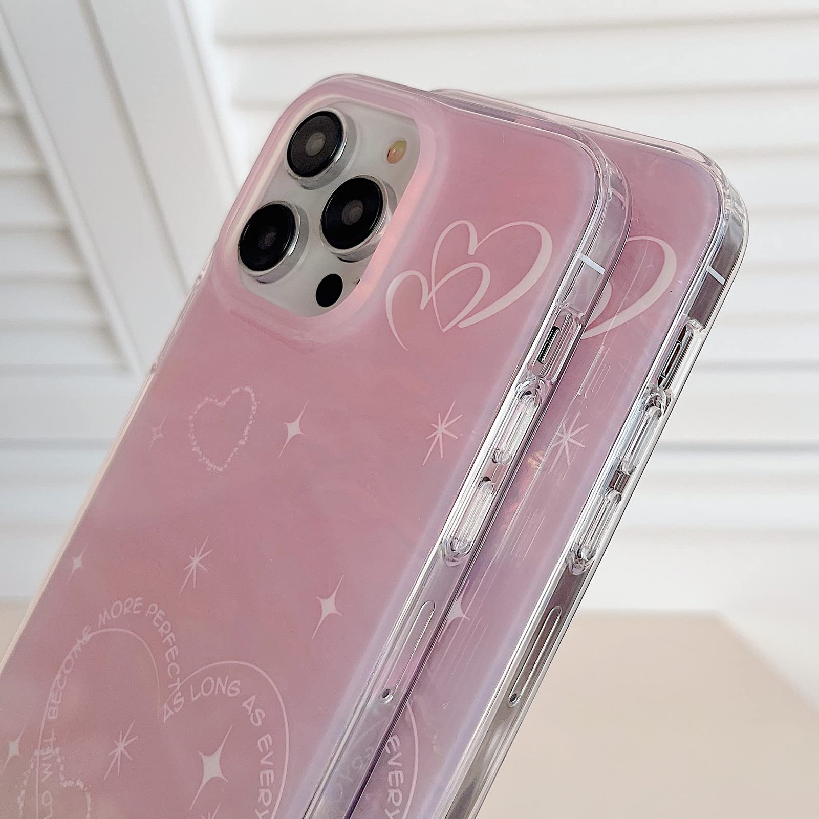 YeLoveHaw Designed for iPhone 14 Pro Case for Women Girls, Glitter Pink Purple Colorful Pearly-Lustre Shell, Cute Heart-Shaped Pattern, Slim Hard Protective Cover for iPhone 14Pro 6.1''(White Heart)