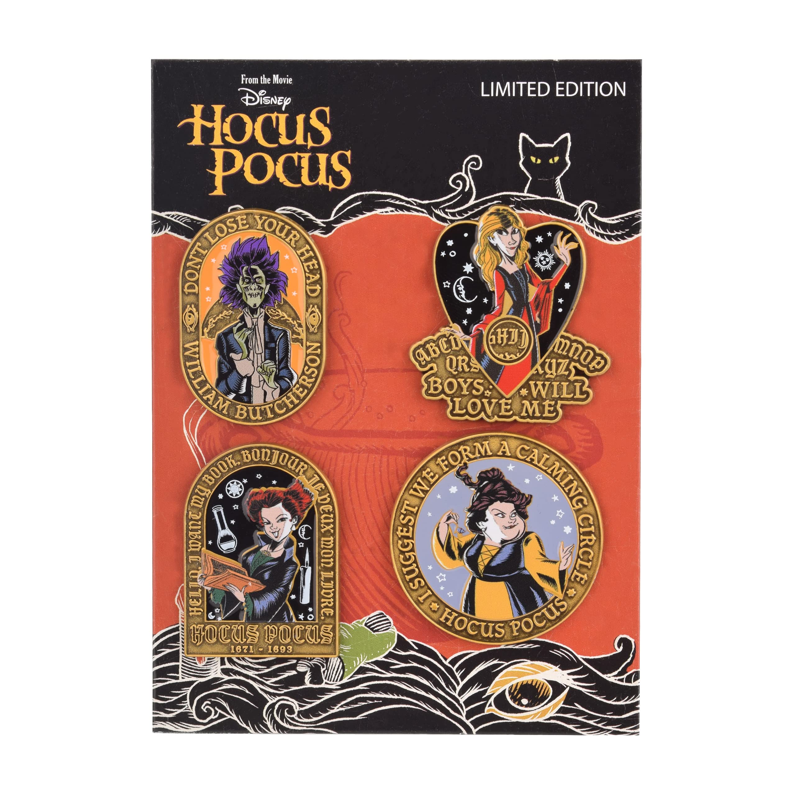 Disney Enamel Pin Set, Hocus Pocus Themed Jewelry, Pack of 4 Pieces, 1.75β, Limited Edition Collectors Pins with Three Sanderson Sisters and Billy Butcherson, Amazon Exclusive
