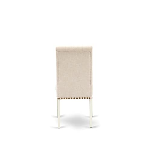 East West Furniture BOBR3-WHI-02 3 Piece Modern Dining Table Set Contains a Round Kitchen Table and 2 Light Beige Linen Fabric Parson Dining Room Chairs, 42x42 Inch, Linen White