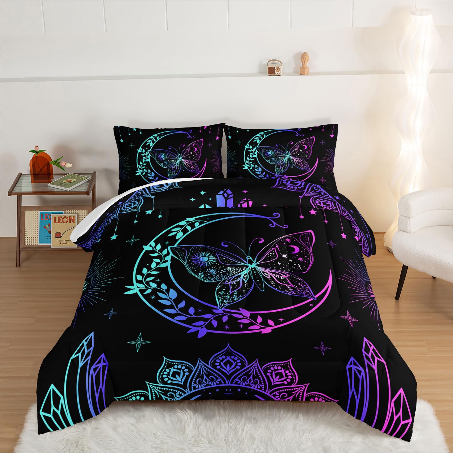 HOSIMA Butterfly Comforter Set 3-Piece with 2 Pillowcases, Black Boho Mandala Comforter Bedding Set for Girls' Twin Bed in a Bag