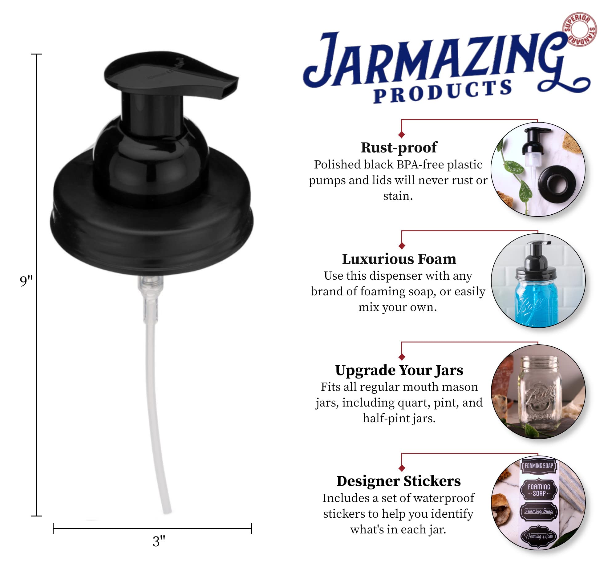 Jarmazing Products Mason Jar Foaming Soap Dispenser Lids - Includes Waterproof Stickers! Black - 2 Pack