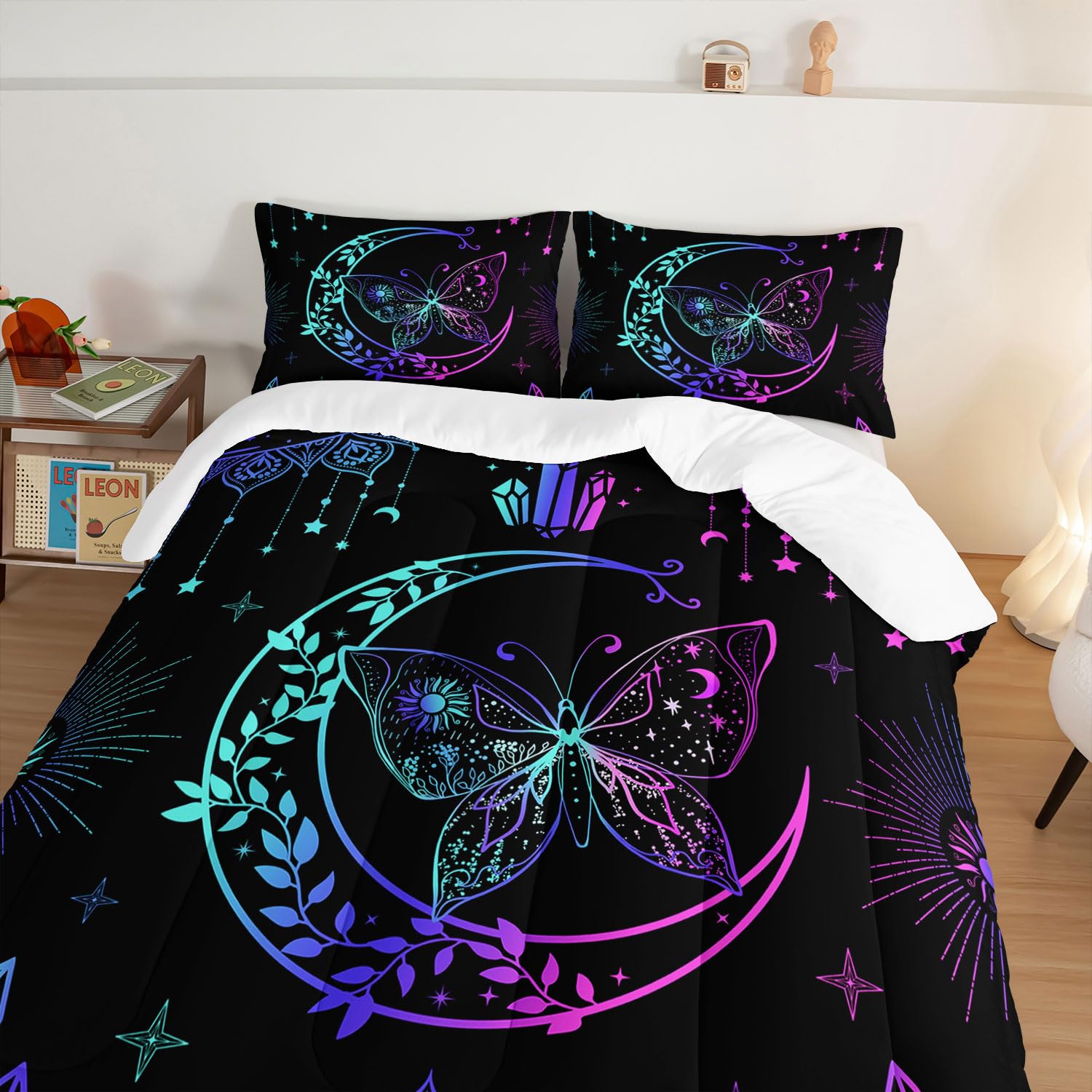 HOSIMA Butterfly Comforter Set 3-Piece with 2 Pillowcases, Black Boho Mandala Comforter Bedding Set for Girls' Twin Bed in a Bag