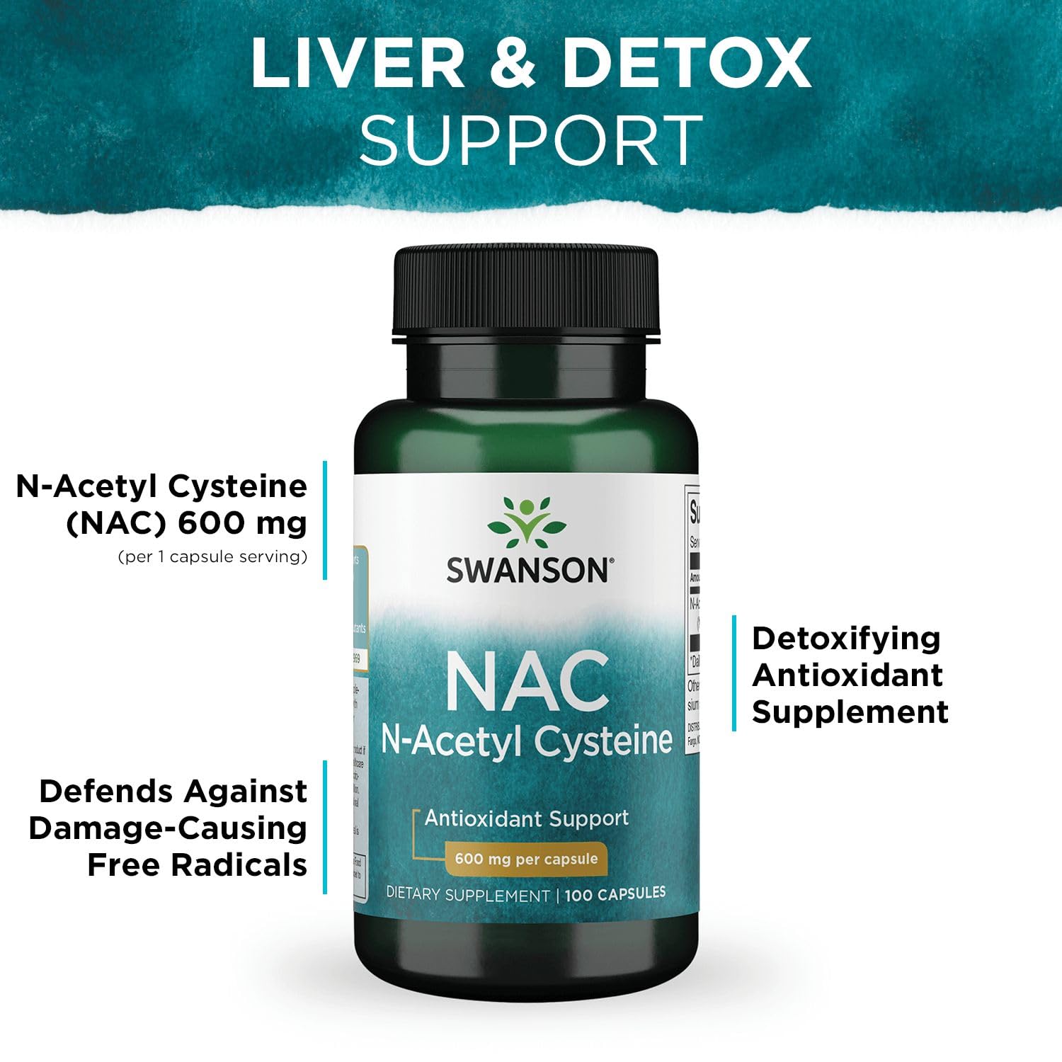 Swanson Premium Brand NAC N-Acetyl Cysteine - 600 mg, 100 Capsules - Antioxidant and Cellular Health Support Supplement