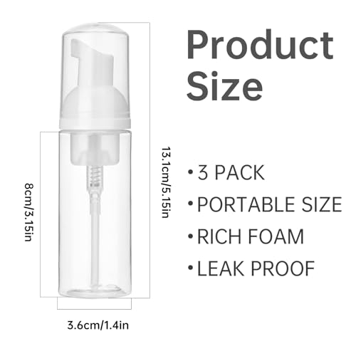 3PCS 2 Oz Foam Bottles, Empty Foam Pump Dispenser, Shampoo Foam Pump Bottles, Foaming Soap Pump for Travel Cleaning Hand Soap, Cleanser, Shampoo(60 Ml, Clear)