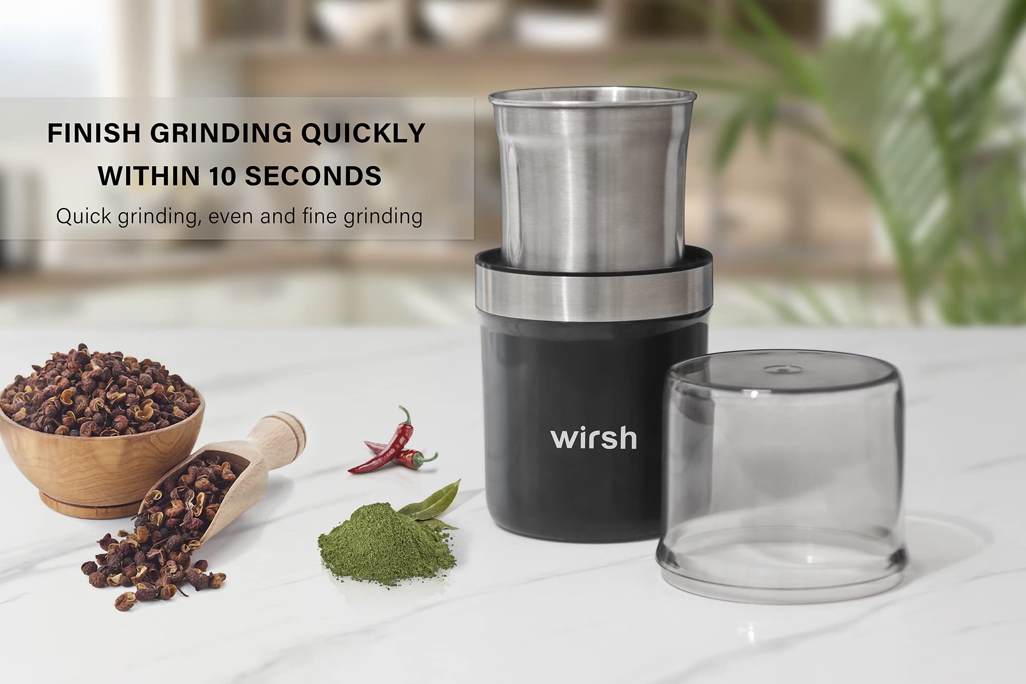Herb Grinder-Wirsh Electric Spice Grinder with 5.3oz. Stainless Steel Removable Bowl,Coffee Grinder with 200W Motor for Herbs,Spices,Coffee Beans,Nuts,Grains, One Press Operation with Pollen Catcher