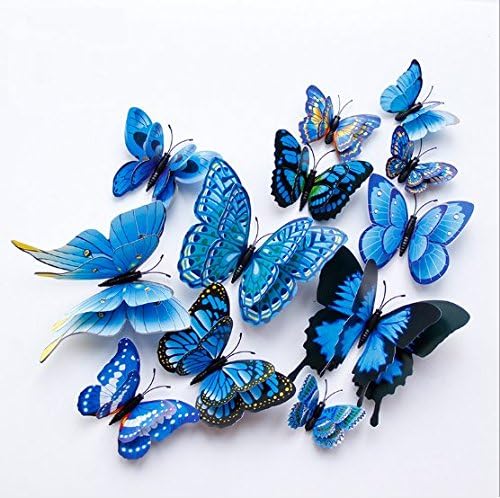 WOIWO 12PCS 3D Stereo Double Layer Simulation Butterfly Creative Home Living Room Decoration A Generation Of PVC Color Butterfly Wall Stickers.(Blue Double, Magnetic With Glue.)