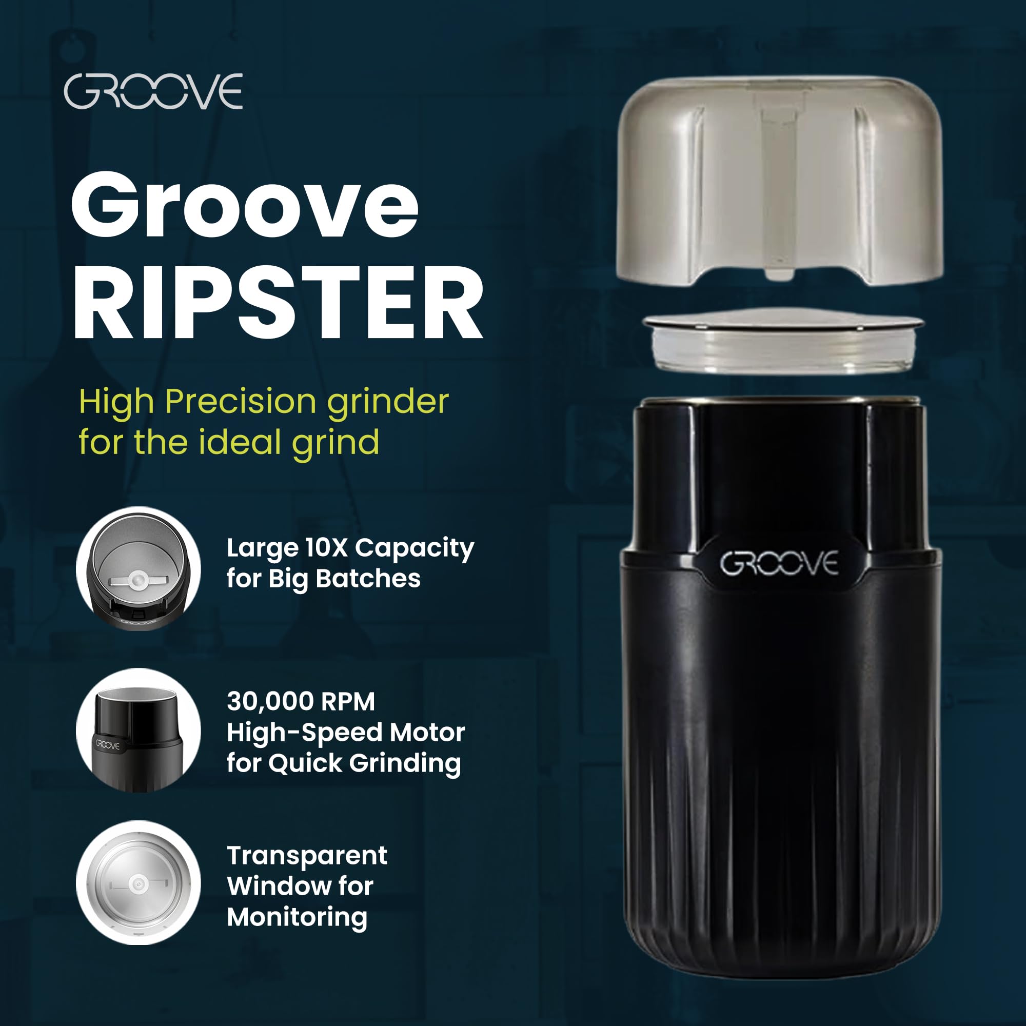 Electric Grinder, Large Capacity 30,000 RPM Herb Grinder – Adjustable Coarse to Fine Electric Spice Grinder, Stainless Steel, One-Button Start, for Herbs, Spices, Coffee & More