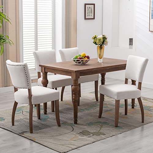 Guyou Farmhouse Cream Dining Chairs Set of 4, Linen Dining Room Chairs with Bronze Nailhead Upholstered Kitchen Side Chairs with Wood Legs for Living Room (Cream)