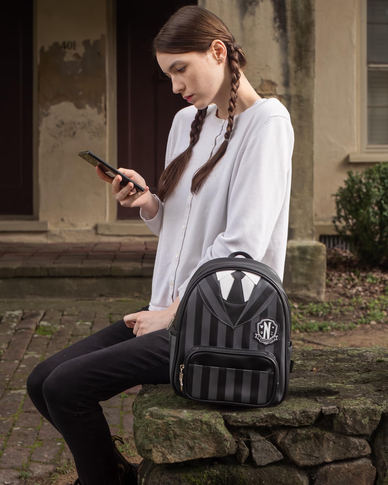 AI ACCESSORY INNOVATIONS Wednesday Nevermore Uniform Vegan Leather Cosplay Mini Backpack Purse, 10.5 Inches, Black