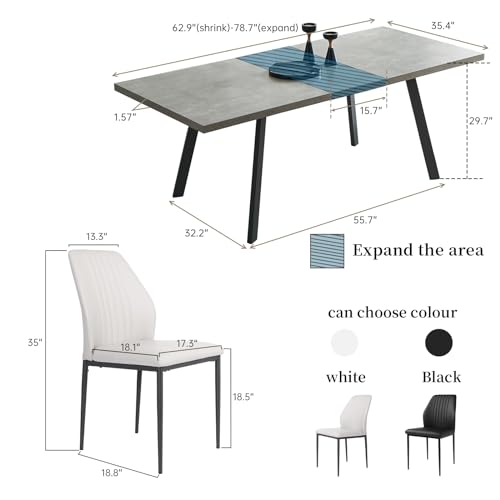 Zerifevni 7 Piece Dining Table Set, 62 Inch Modern Kitchen Table with 6 Dining Chairs for 4-6 Person, Expandable MDF Dining Table with Steel Legs for Dining Room, Kitchen, Save Space