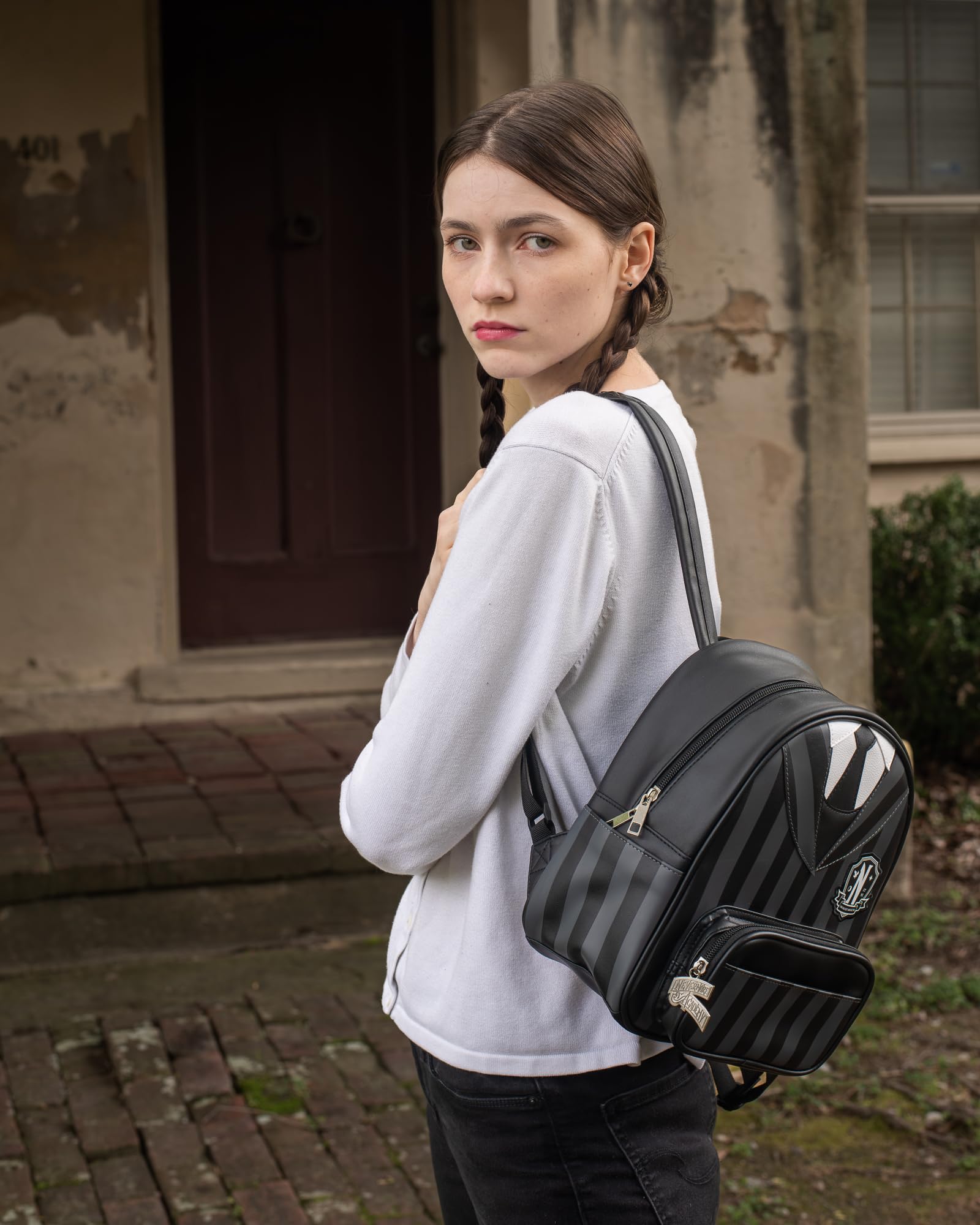 AI ACCESSORY INNOVATIONS Wednesday Nevermore Uniform Vegan Leather Cosplay Mini Backpack Purse, 10.5 Inches, Black