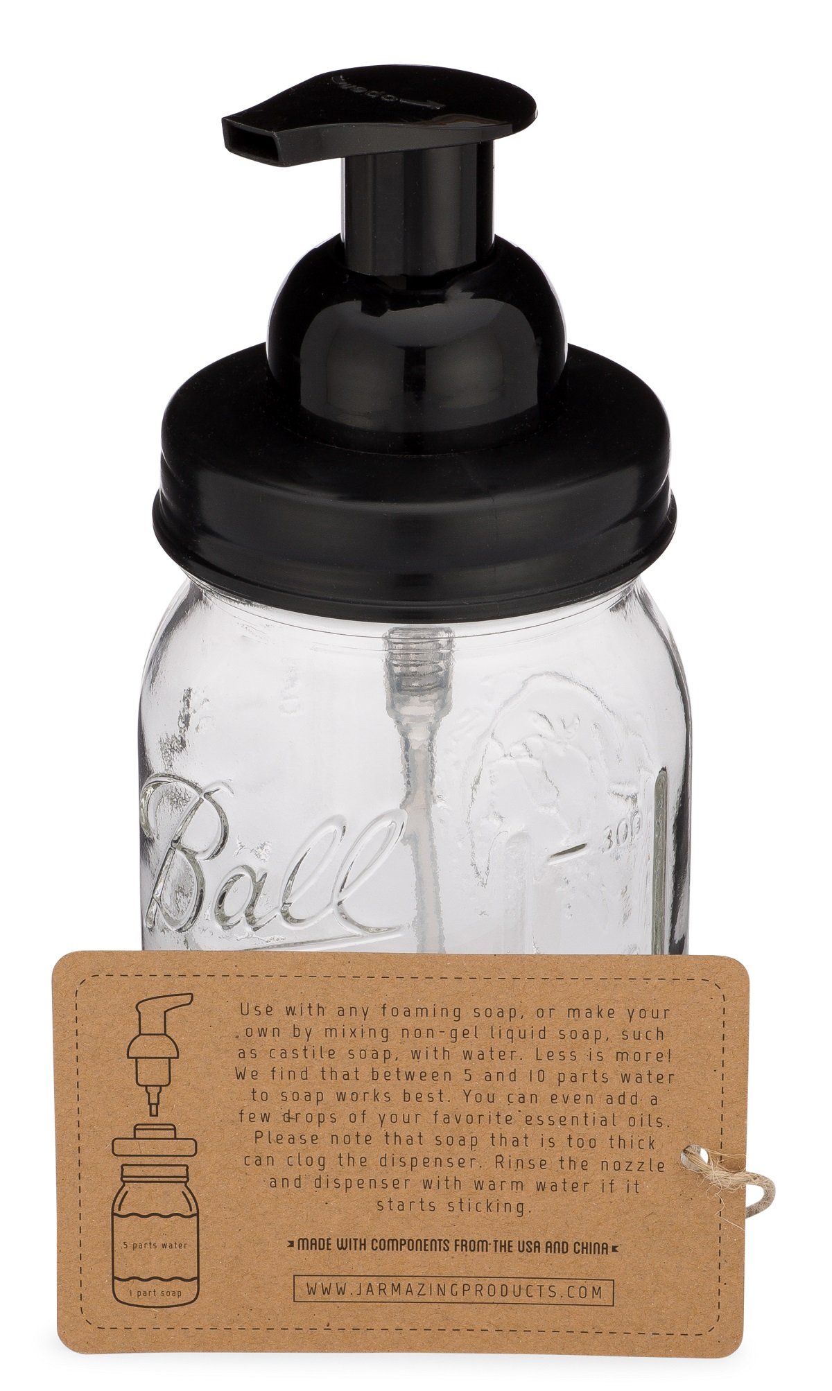 Jarmazing Products Mason Jar Foaming Soap Dispenser - Black - with 16 Ounce Ball Mason Jar - One Pack!