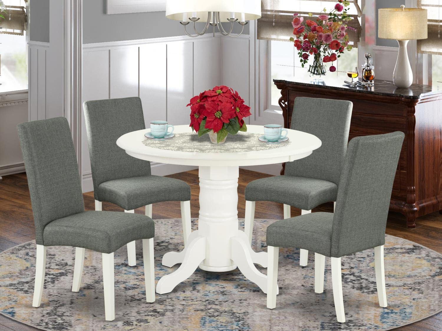 East West Furniture SHDR5-LWH-07 5 Piece Kitchen Table & Chairs Set Includes a Round Dining Room Table with Pedestal and 4 Gray Linen Fabric Parson Dining Chairs, 42x42 Inch, Linen White