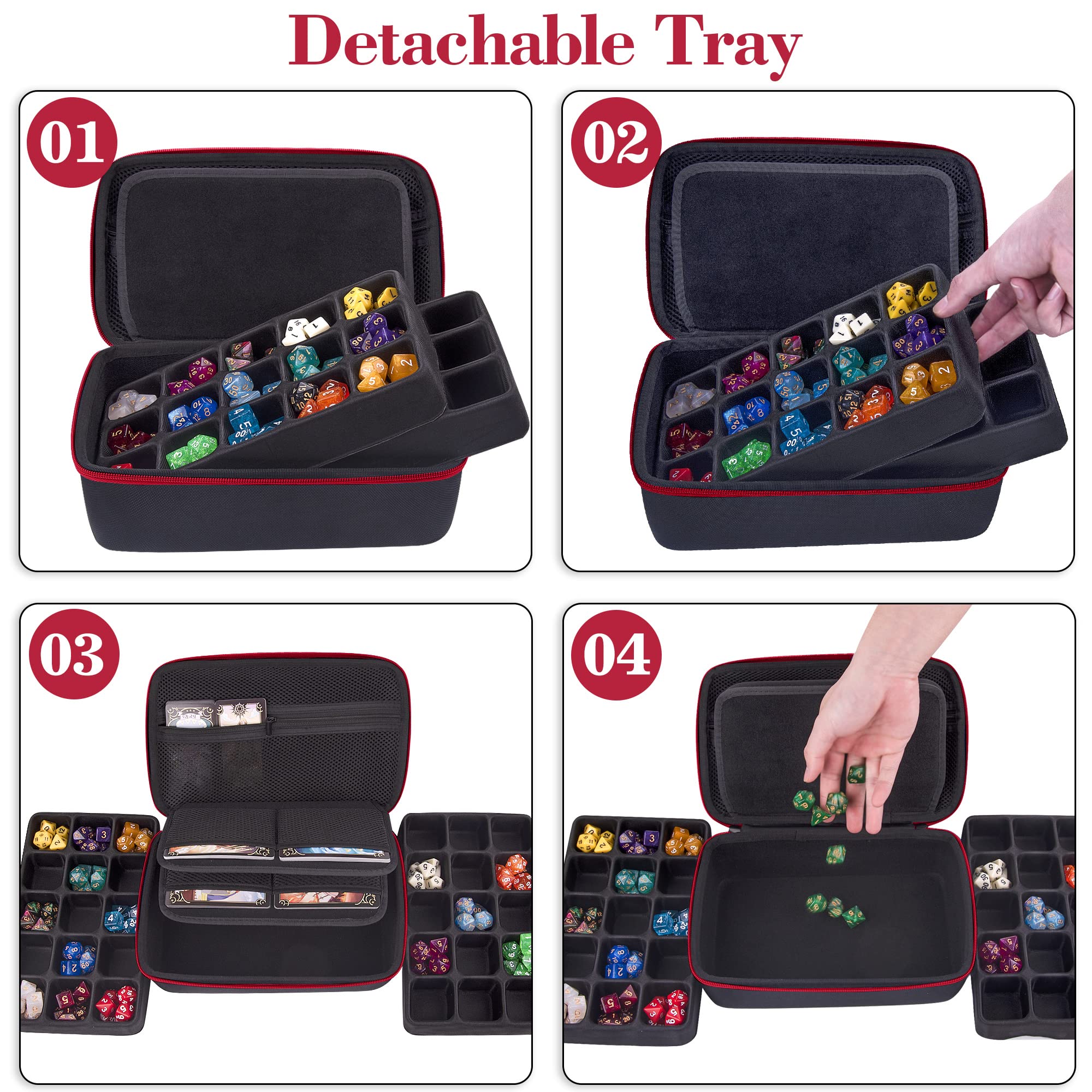 SIQUK Dice Storage Case Big Capacity DND Dice Case Dice Organizer Box With Handle and Double Removable Slotted Tray Dice Organizer Case for Dungeons & Dragons and Other RPG Table Game, Red