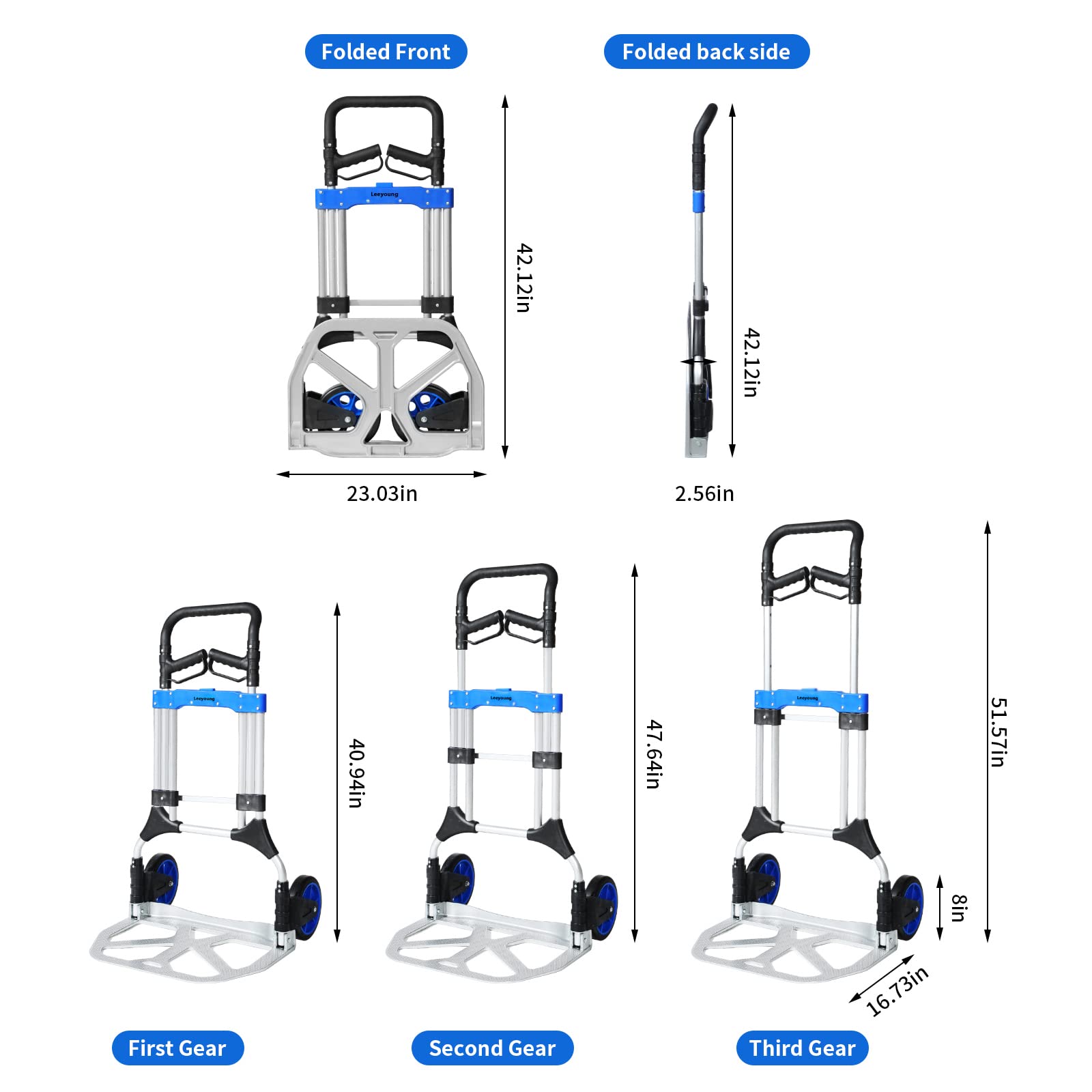 Folding Hand Trucks Heavy Duty by Leeyoung,500 lb Aluminium Folding Hand Cart Dolly with 8 inch Wheels (incl 2 Bungee Cords)