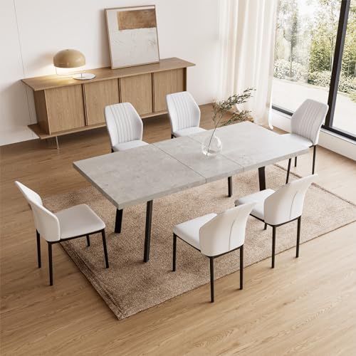 Zerifevni 7 Piece Dining Table Set, 62 Inch Modern Kitchen Table with 6 Dining Chairs for 4-6 Person, Expandable MDF Dining Table with Steel Legs for Dining Room, Kitchen, Save Space