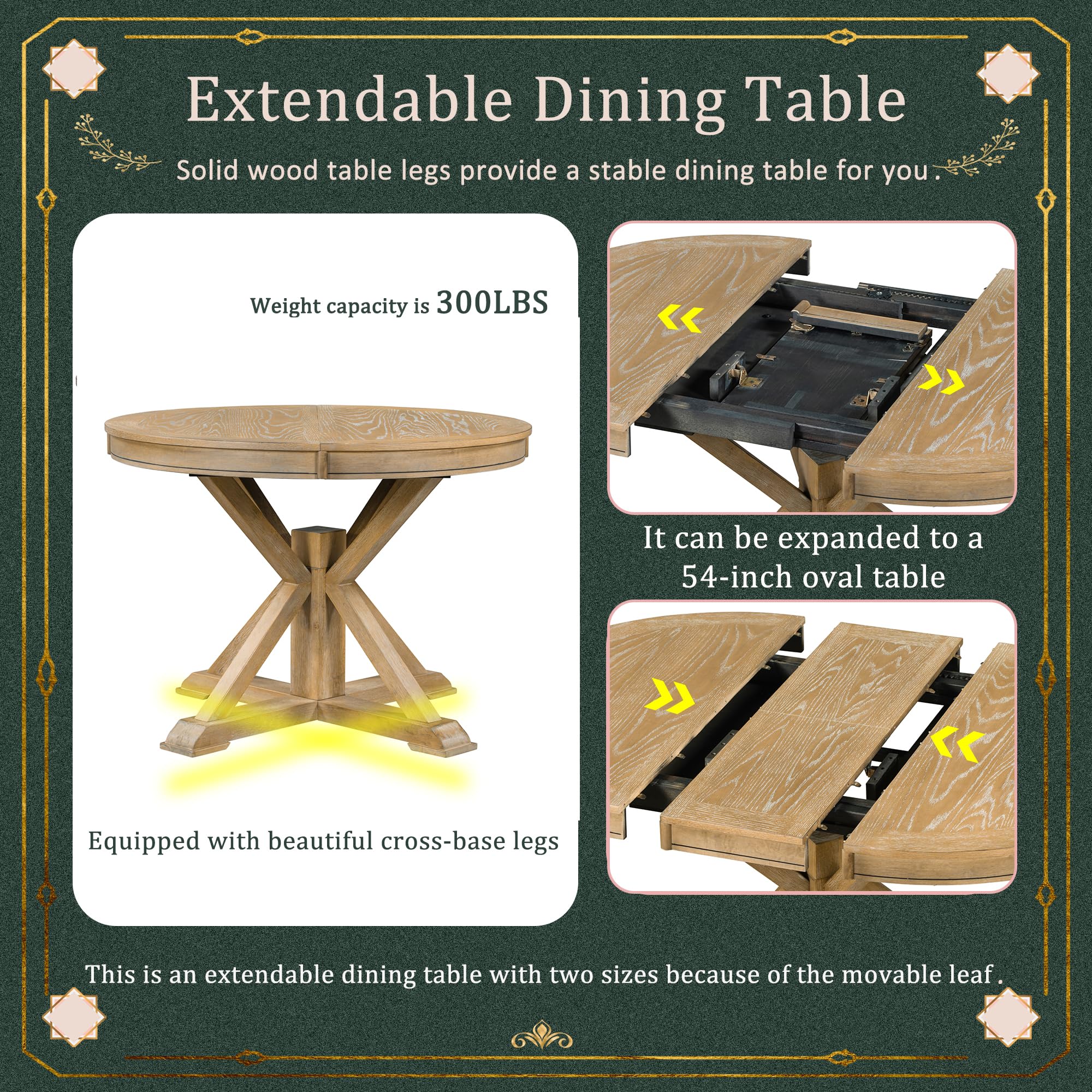 P PURLOVE 5 Pieces Round Dining Table Set for 4, Wood Extendable Table and 4 Upholstered Chairs for Dining Room and Living Room, Farmhouse Dining Set (Natural Wood Wash)
