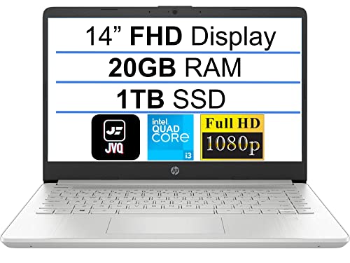 Newest HP 14 Laptop, 14" FHD IPS Display, 11th Gen Intel Quad-Core i3-1125G4(Up to 3.7GHz, Beat i5-8250U), 20GB RAM, 1TB SSD, USB Type-C, WiFi, Bluetooth, HDMI, Webcam, Long Battery Windows 11S+JVQ MP