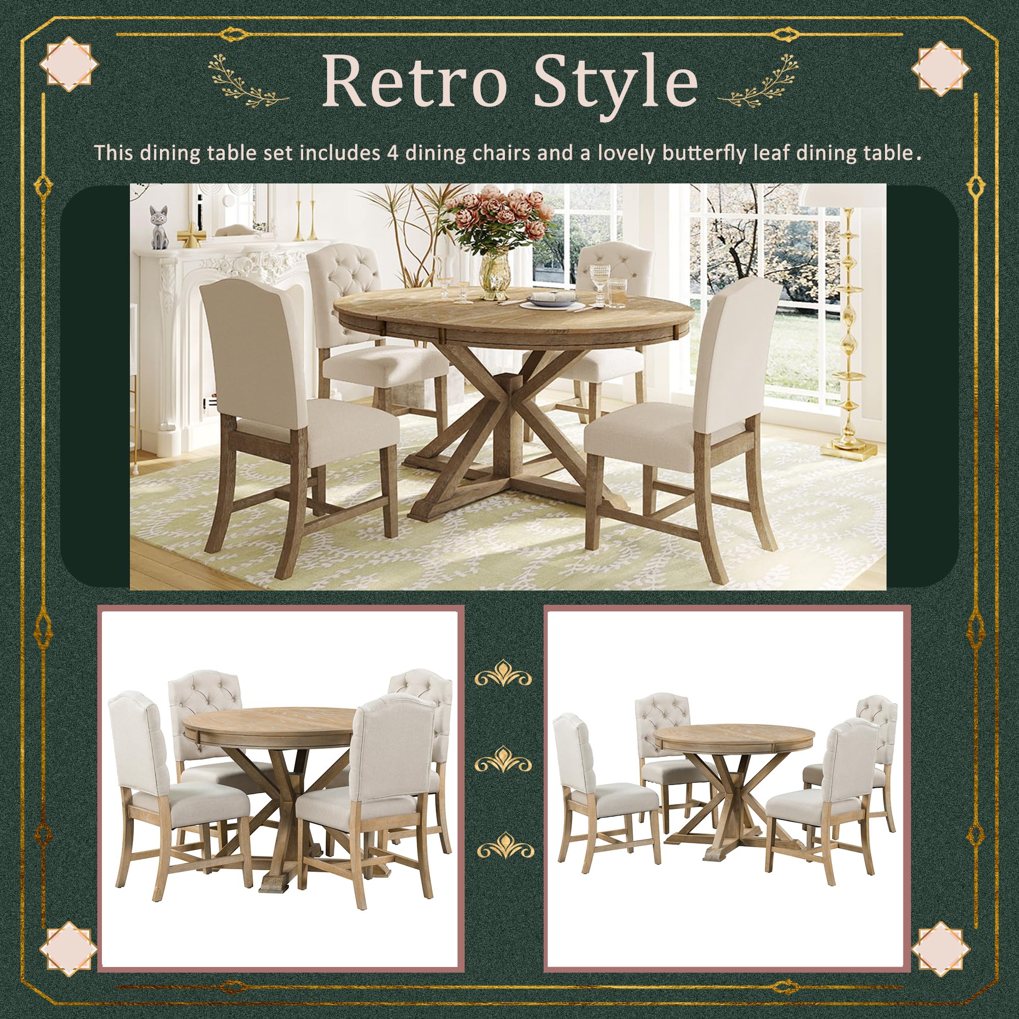 P PURLOVE 5 Pieces Round Dining Table Set for 4, Wood Extendable Table and 4 Upholstered Chairs for Dining Room and Living Room, Farmhouse Dining Set (Natural Wood Wash)