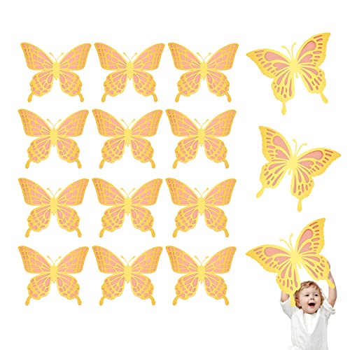 MARFOREVER 14 Pcs Large Butterfly Party Decoration 3D Butterfly Birthday Decorations Butterfly Wall Stickers Decor Big Butterfly Decorations for Birthday Baby Shower Wedding Room Decor (Gold and Pink)