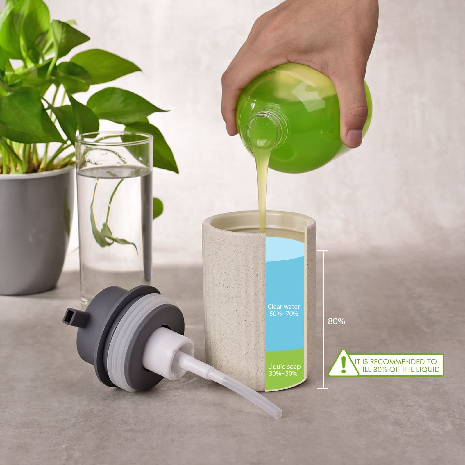 LALA DOLCE Foam Dispenser - Hand Pump Dispenser Beige Foaming Soap Dispenser Ceramic Dish Liquid Dispenser for Kitchen Bathroom Hand Wash Bottle (13.5oz/400ml Beige)