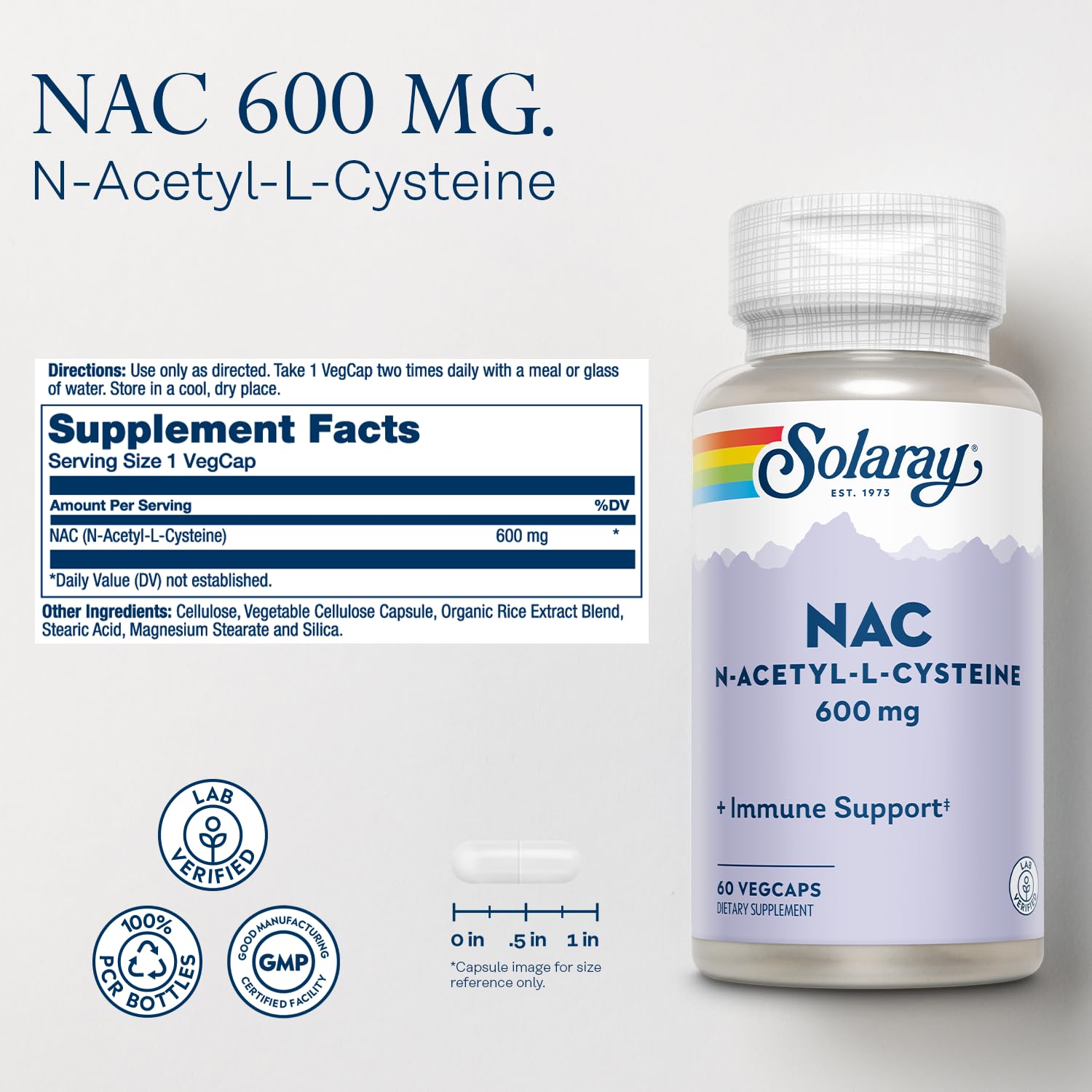 SOLARAY NAC Supplement - N Acetyl Cysteine 600 mg - Precursor to Glutathione Supplement - Immune Support Supplement - Lab Verified, 60-Day Guarantee - 60 Servings, 60 VegCaps