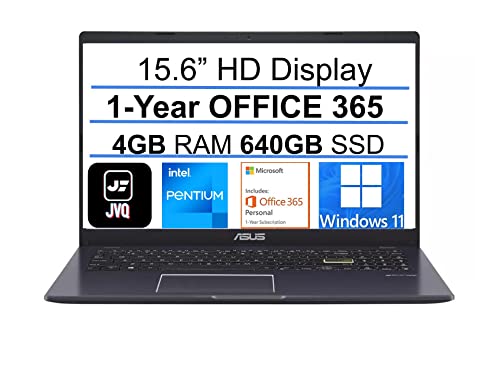ASUS Newest Ultra Thin Laptop, 15.6” HD Display, Intel Pentium Processor, 640GB SSD(128GB eMMC+512GB PCIe SSD), 4GB RAM, WiFi, Bluetooth, USB, Windows 11 Home S, 1 Year Microsoft 365, Black, JVQ+MP