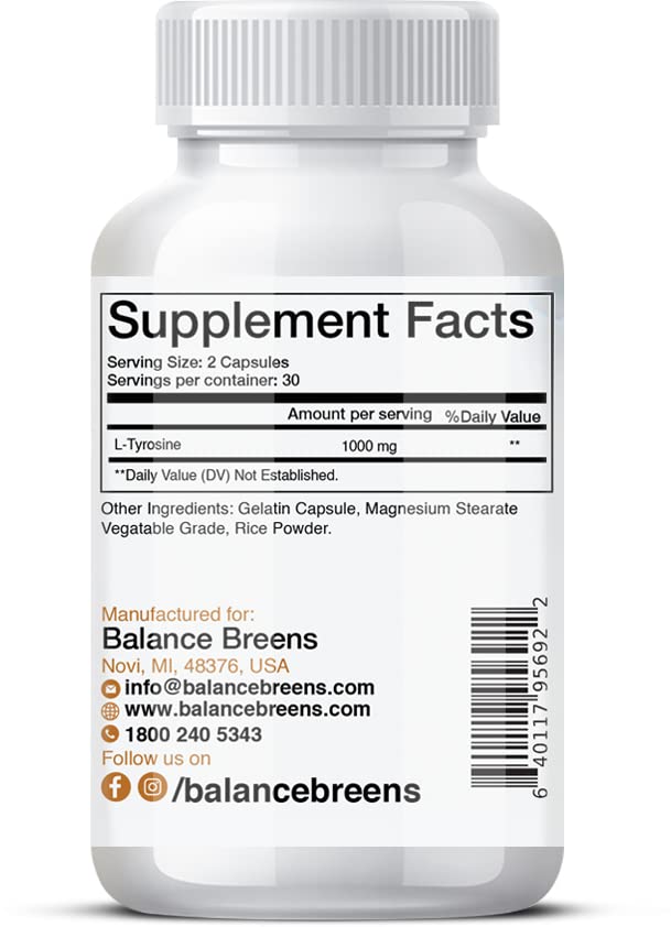 Balance Breens Extra Strength L-Tyrosine 1000mg Supplement - 90 Gluten-Free Non-GMO Capsules