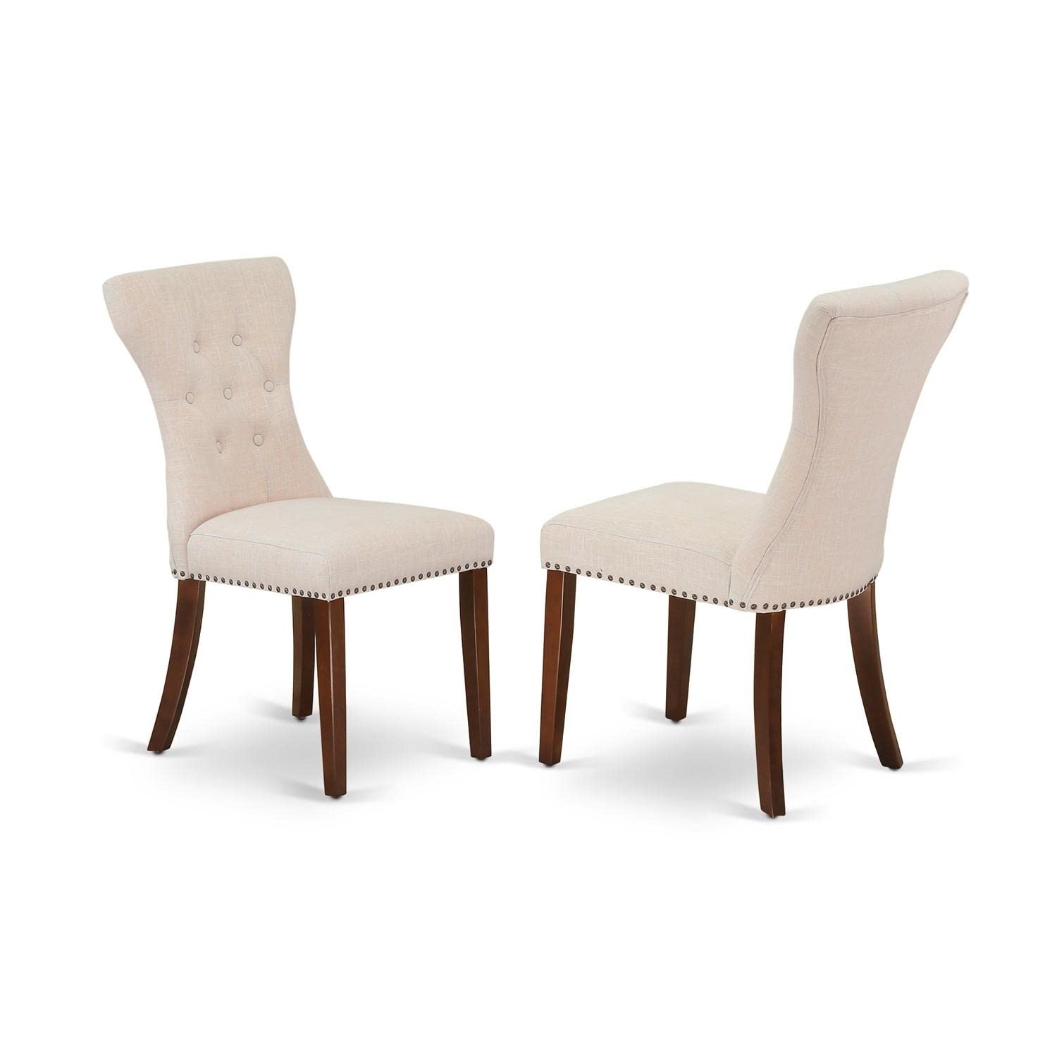 East West Furniture HLGA3-MAH-32 3 Piece Dining Room Table Set Contains a Round Dining Table with Pedestal and 2 Light Beige Linen Fabric Upholstered Chairs, 42x42 Inch, Mahogany