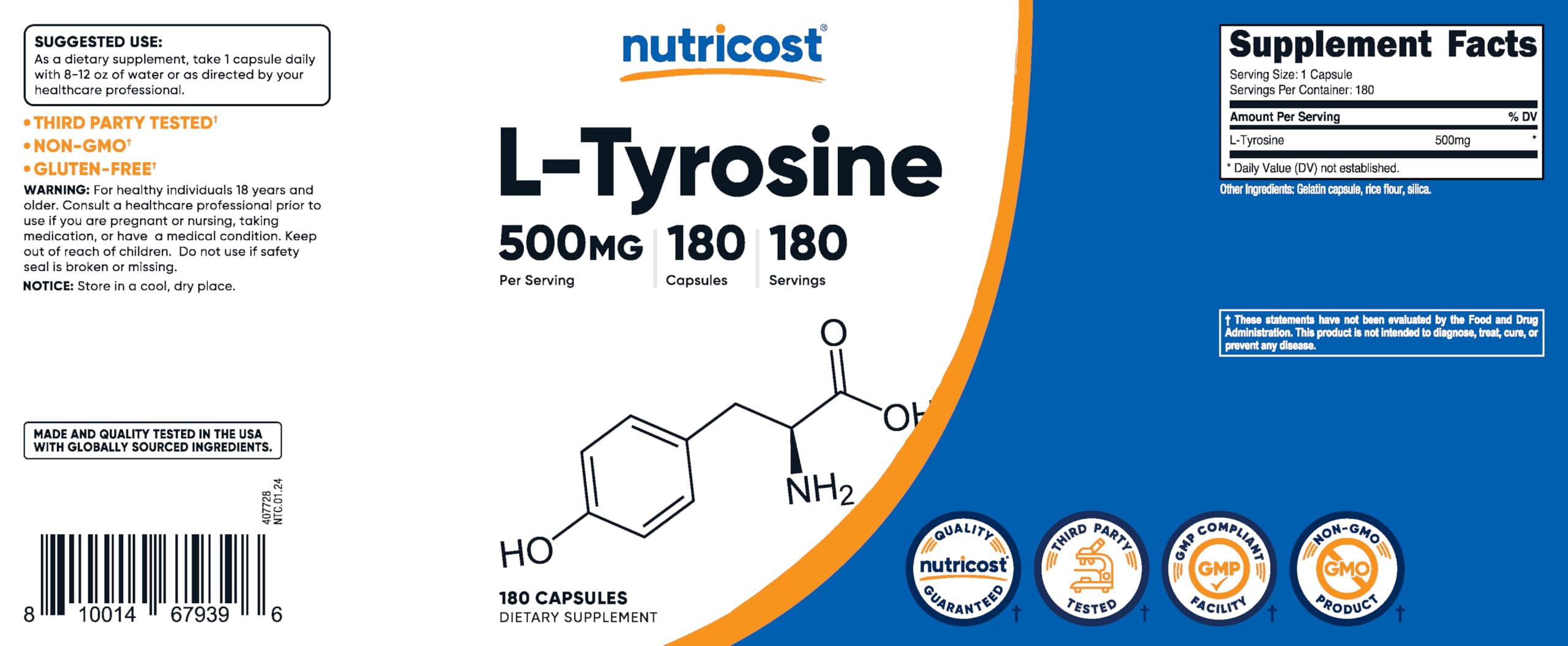 Nutricost L-Tyrosine 500mg, 180 Capsules - Gluten Free & Non-GMO