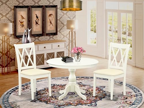 East West Furniture HBCL3-LWH-C 3 Piece Dining Table Set for Small Spaces Contains a Round Dining Room Table with Pedestal and 2 Linen Fabric Upholstered Chairs, 42x42 Inch, Linen White