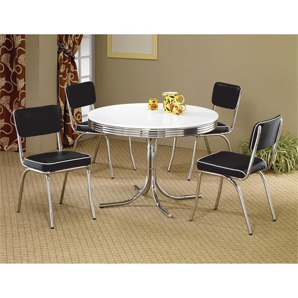 Home Square Dining Table Set with 42" Vintage Retro Round Dining Table and Set of 4 Retro Side Chairs with Cushion Black and Chrome for Kitchen and Dining Room