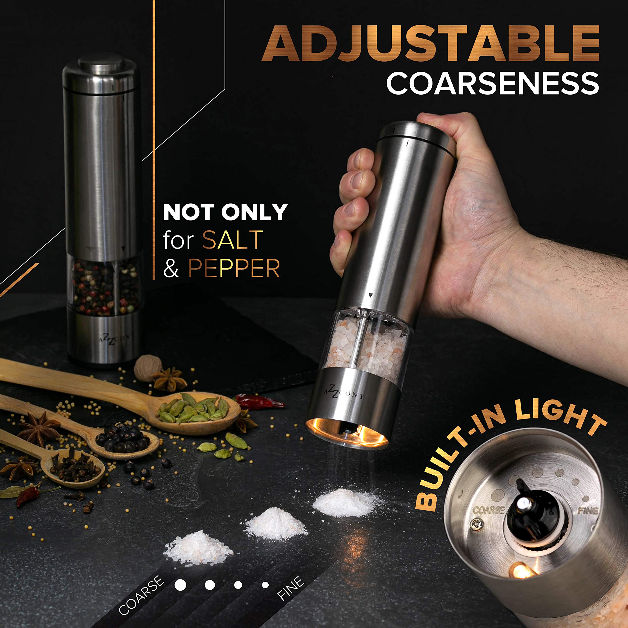 Electric Salt and Pepper Grinder Set | Stainless Steel Battery Operated Mill with Light | Pack with Oil Sprayer, Silicone Funnel, Cleaning Brush, and eBook | Adjustable Coarseness | Ceramic Grinders