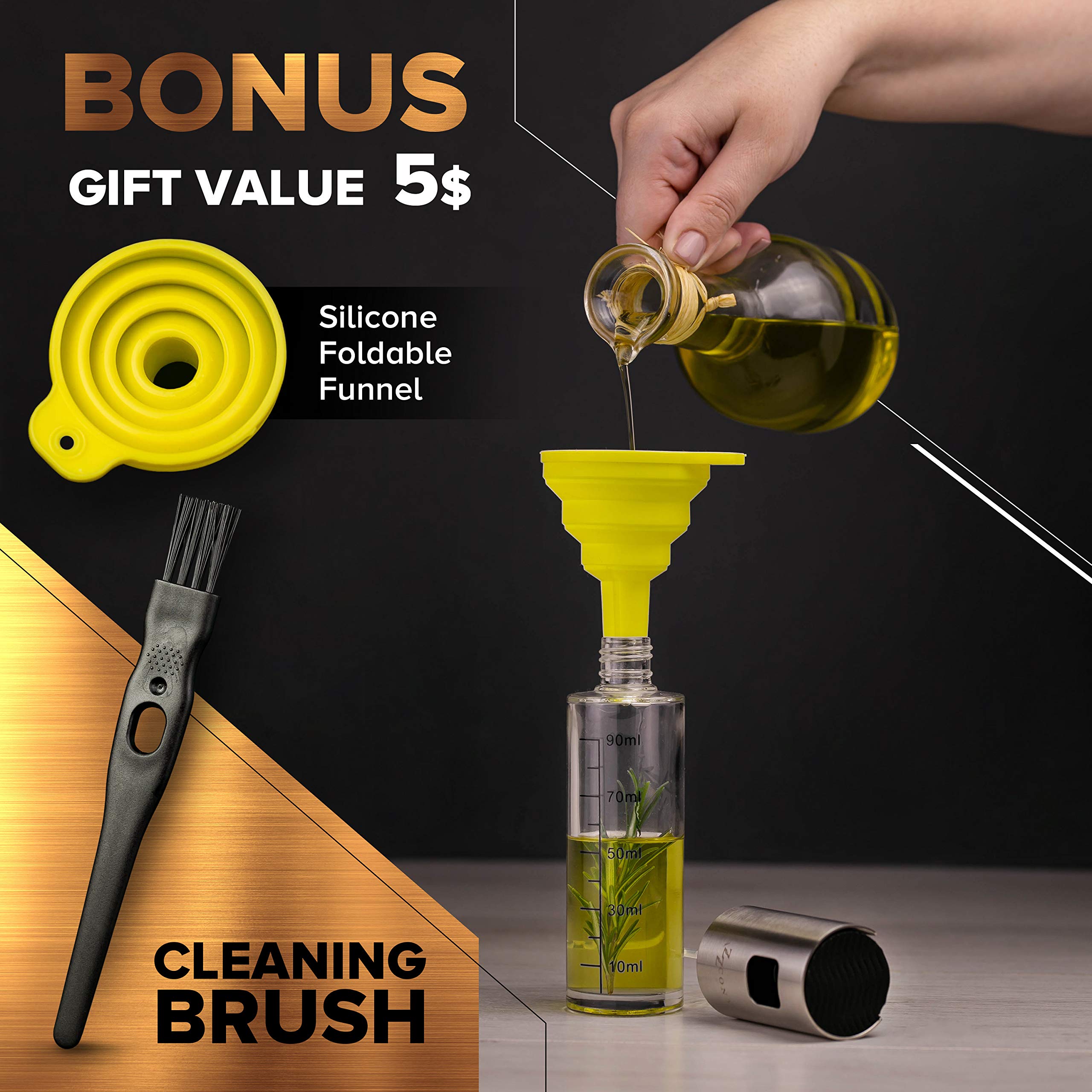 Electric Salt and Pepper Grinder Set | Stainless Steel Battery Operated Mill with Light | Pack with Oil Sprayer, Silicone Funnel, Cleaning Brush, and eBook | Adjustable Coarseness | Ceramic Grinders