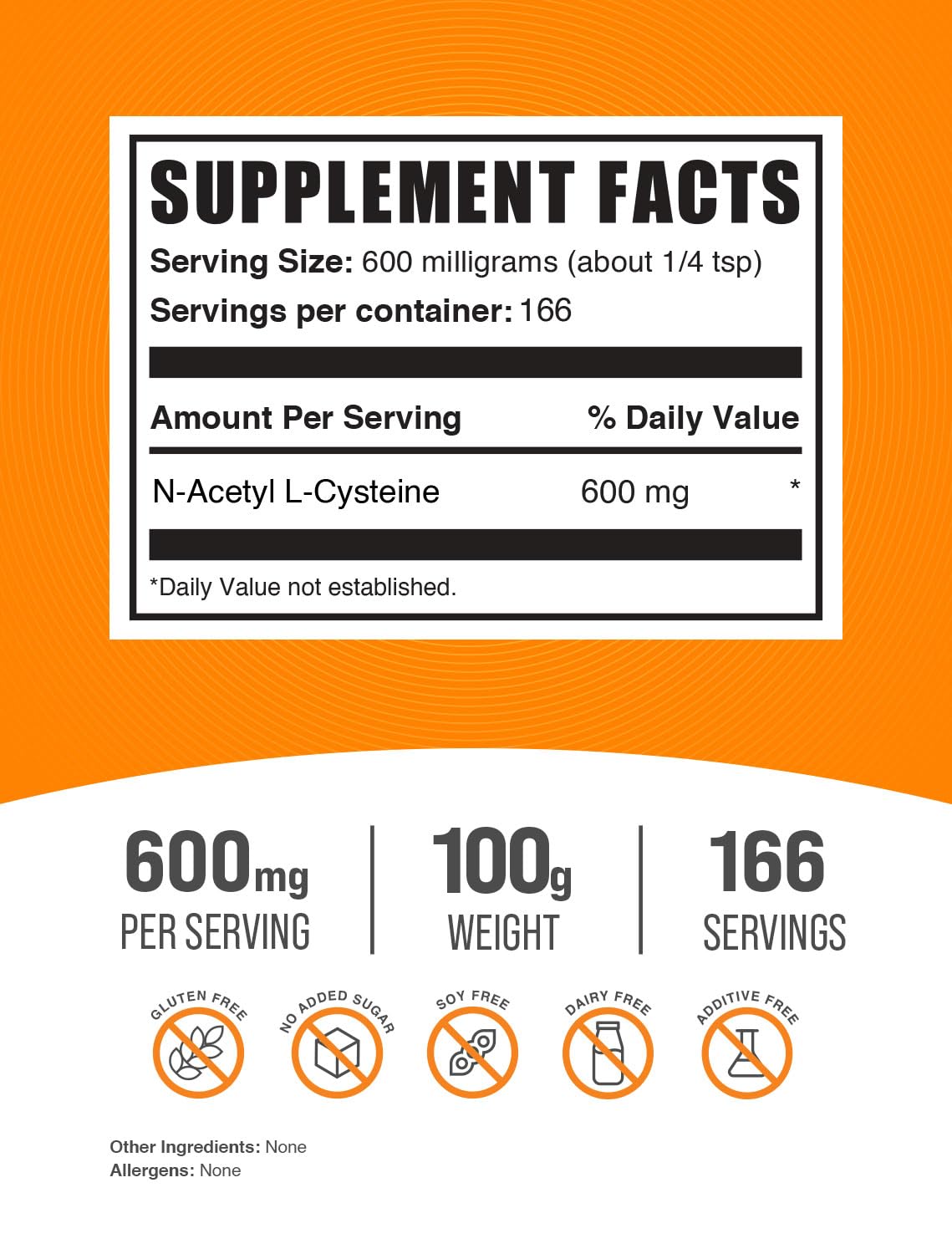 BulkSupplements.com NAC Powder - N-Acetyl Cysteine 600mg, NAC Supplement - Antioxidant Support, Gluten Free - 600mg per Serving, 166 Servings, 100g (3.5 oz) (Pack of 1)