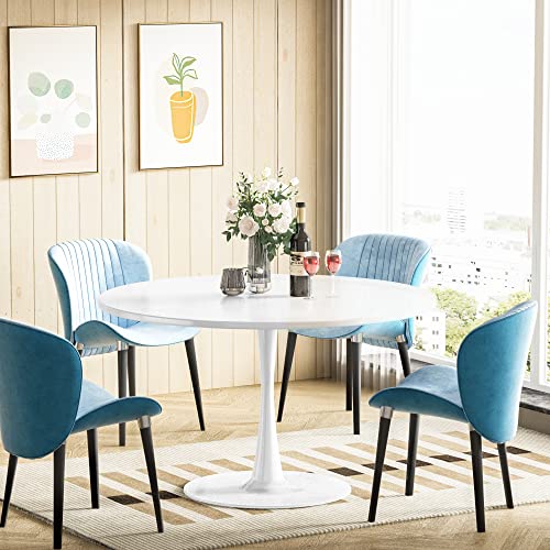 Recaceik Modern Round Dining Table, 42.1'' Tulip Table with MDF Table Top & Metal Pedestal Base for Dining Room Living Room Cafe w/ 0.71” Thickened Tabletop for 4-6 People, White