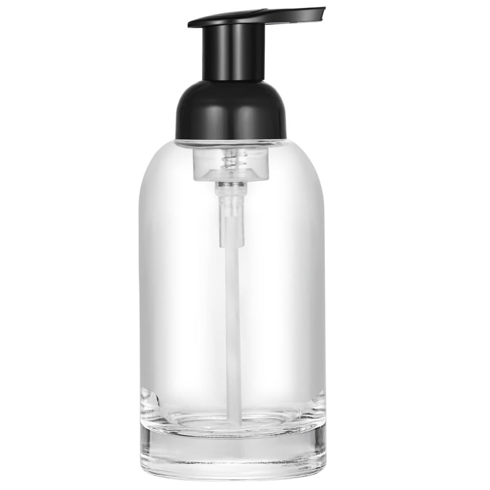 CHBKT Thick Clear Glass Jar Soap Dispenser with Foaming Pump, 13 Ounce Clear Round Bottles Dispenser with Foaming Pump (Black)