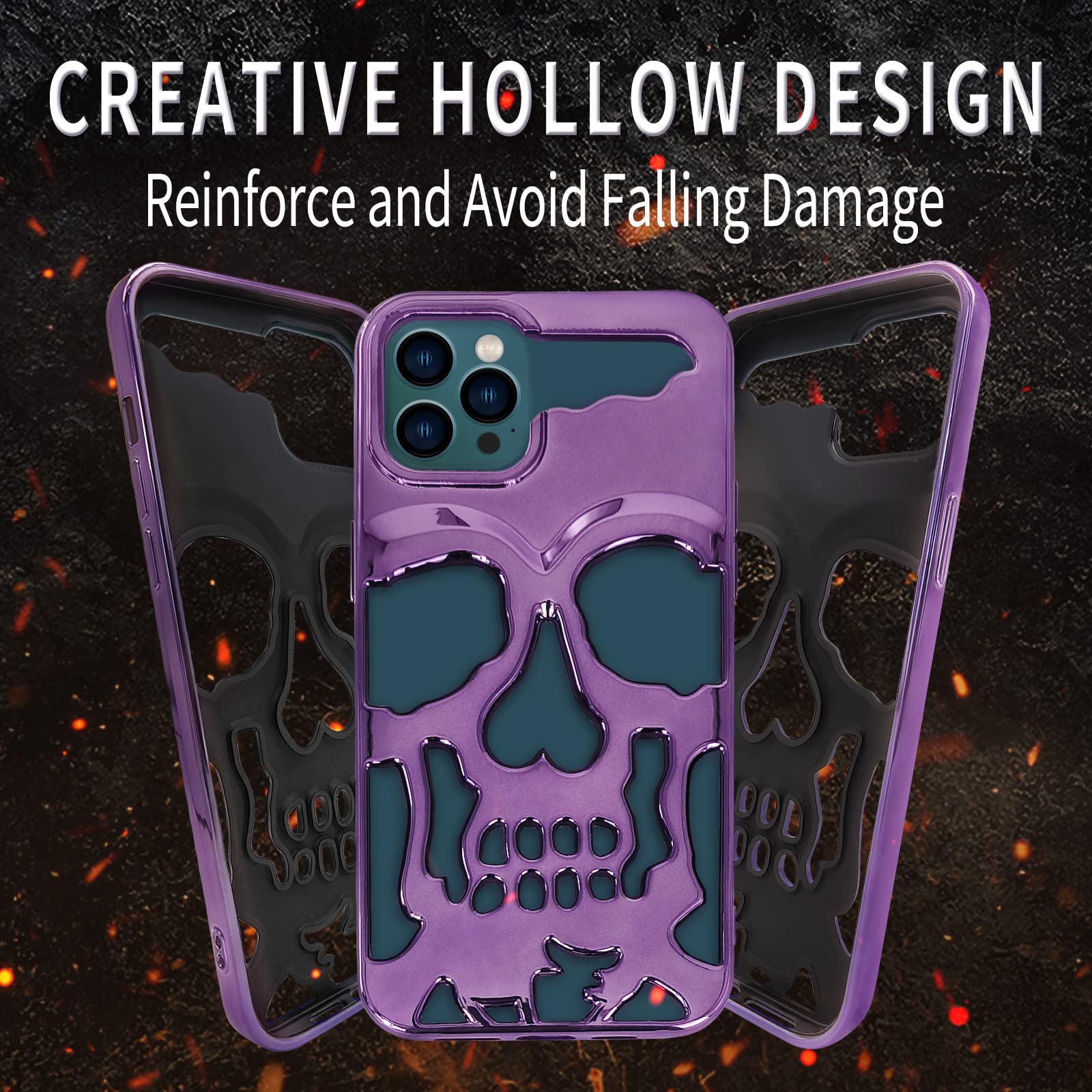 EPPARYOU Cool Skull Anime iphone 12 pro max case Deisgn Horror Hollowed Skeleton Star Space Wars plated phone cover Unique Protection Shockproof TPU Clear Case for Girls Women Cute metal dark purple