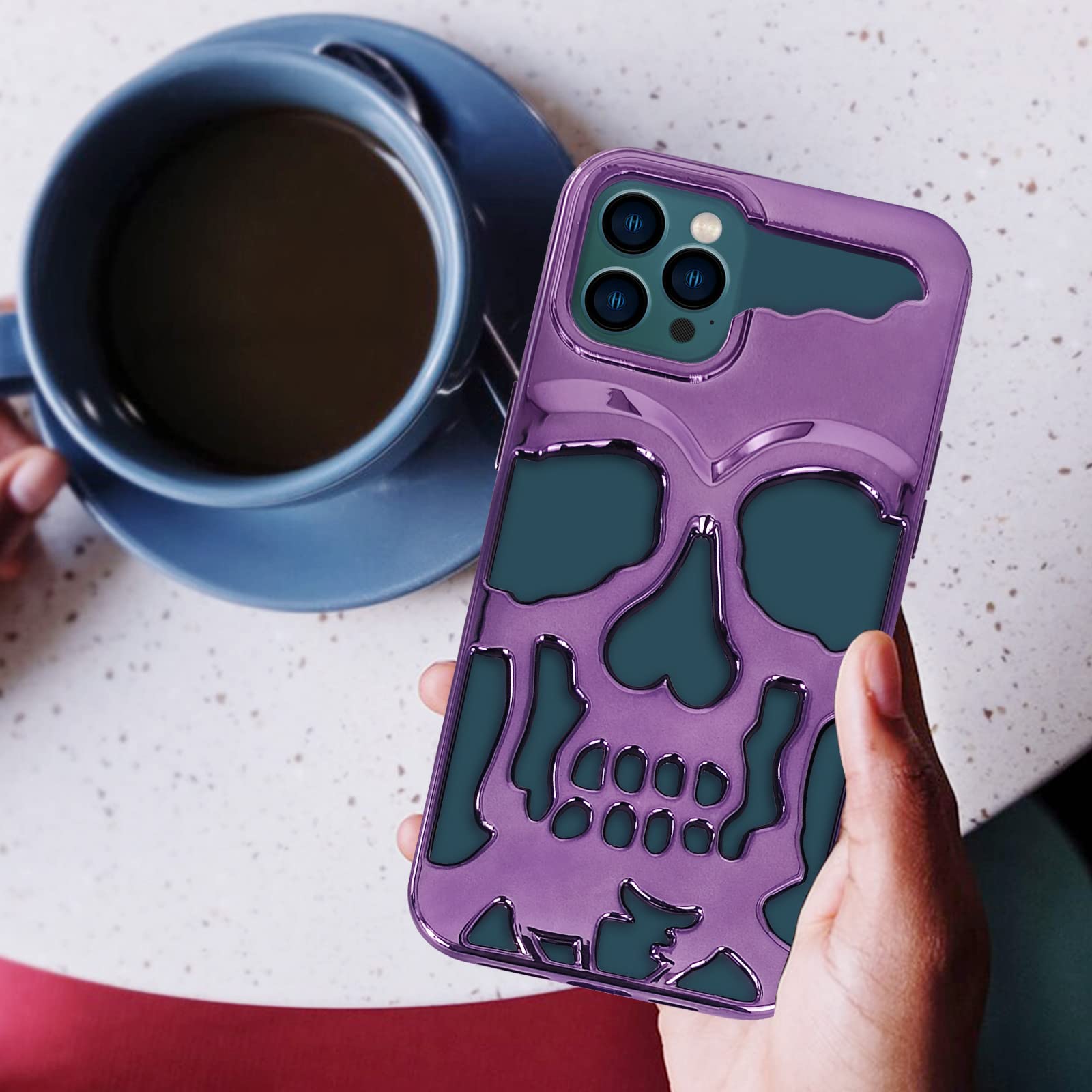 EPPARYOU Cool Skull Anime iphone 12 pro max case Deisgn Horror Hollowed Skeleton Star Space Wars plated phone cover Unique Protection Shockproof TPU Clear Case for Girls Women Cute metal dark purple